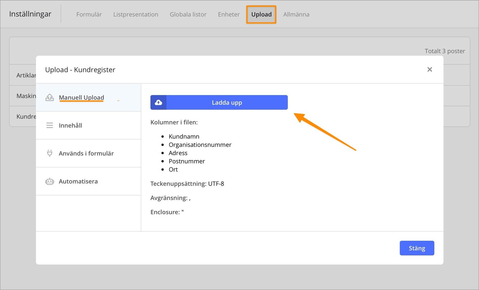 Upload - Ladda upp extern data till Ärende